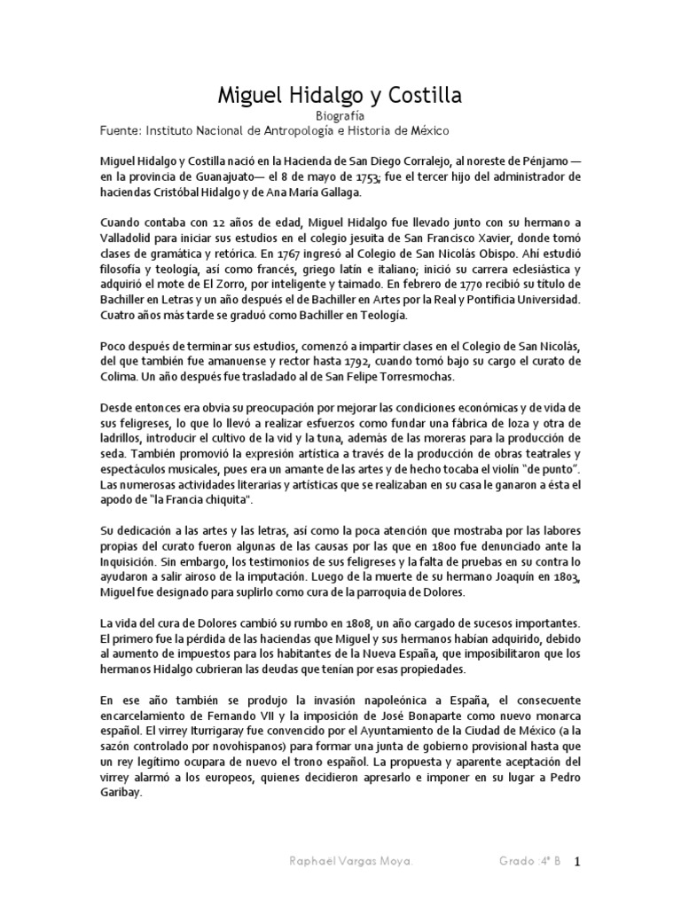 Miguel Hidalgo y Costilla.docx | Nueva españa | Folklore Mexicano