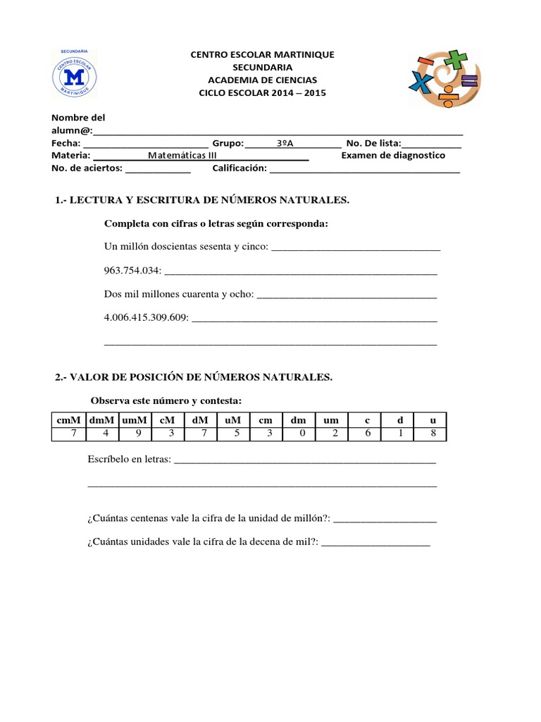 Examen Diagnostico Matematicas 3ro Grado 2014 - 2015 | PDF | Fracción ...