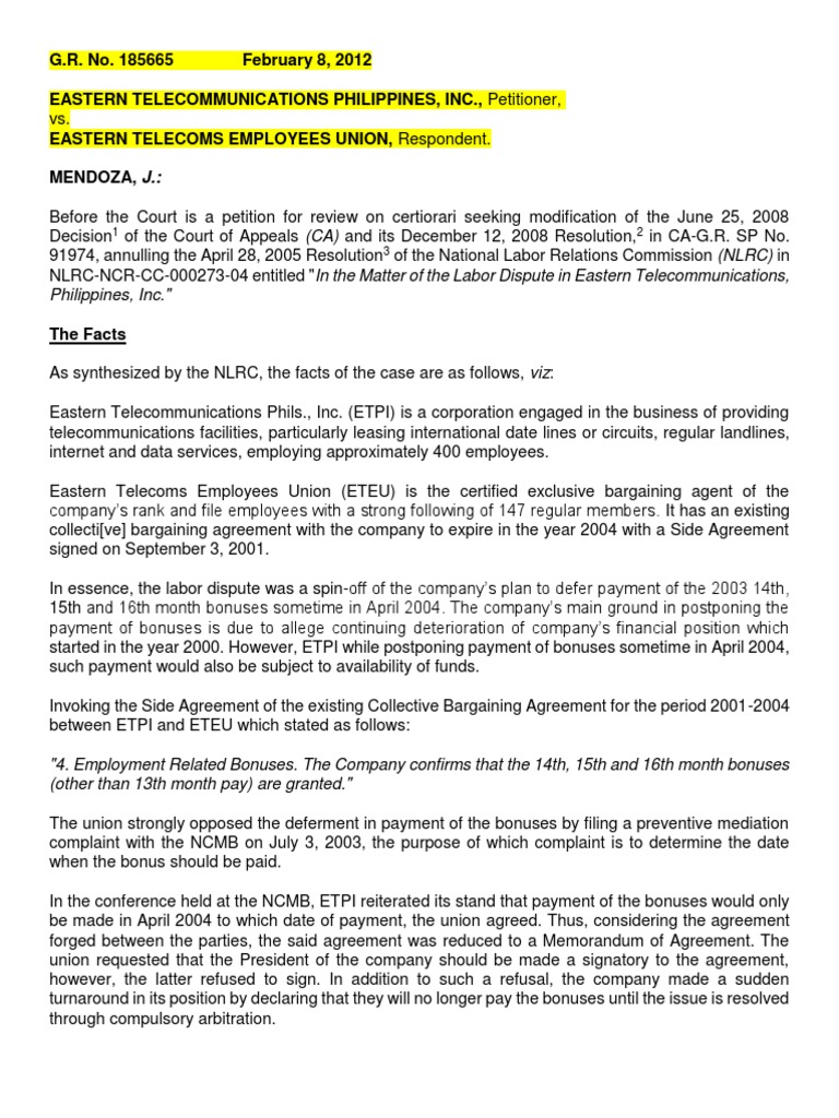 G.R. No. 185665 February 8, 2012 Eastern Telecommunications Philippines ...