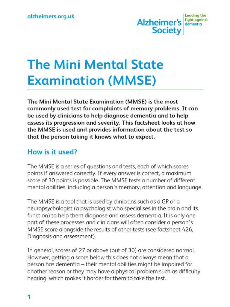 The Mini Mental State Examination MMSE Factsheet | PDF | Dementia ...