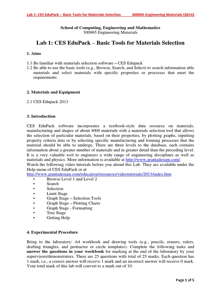 Lab 1 - CES EduPack - Basic Tools For Materials Selection - Note | PDF ...