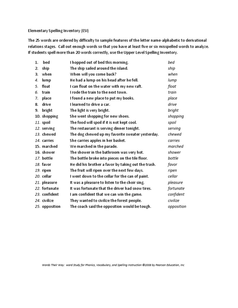 Elementary Spelling Inventory | PDF | Linguistics