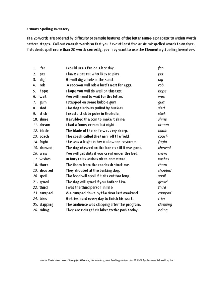 Primary Spelling Inventory | PDF