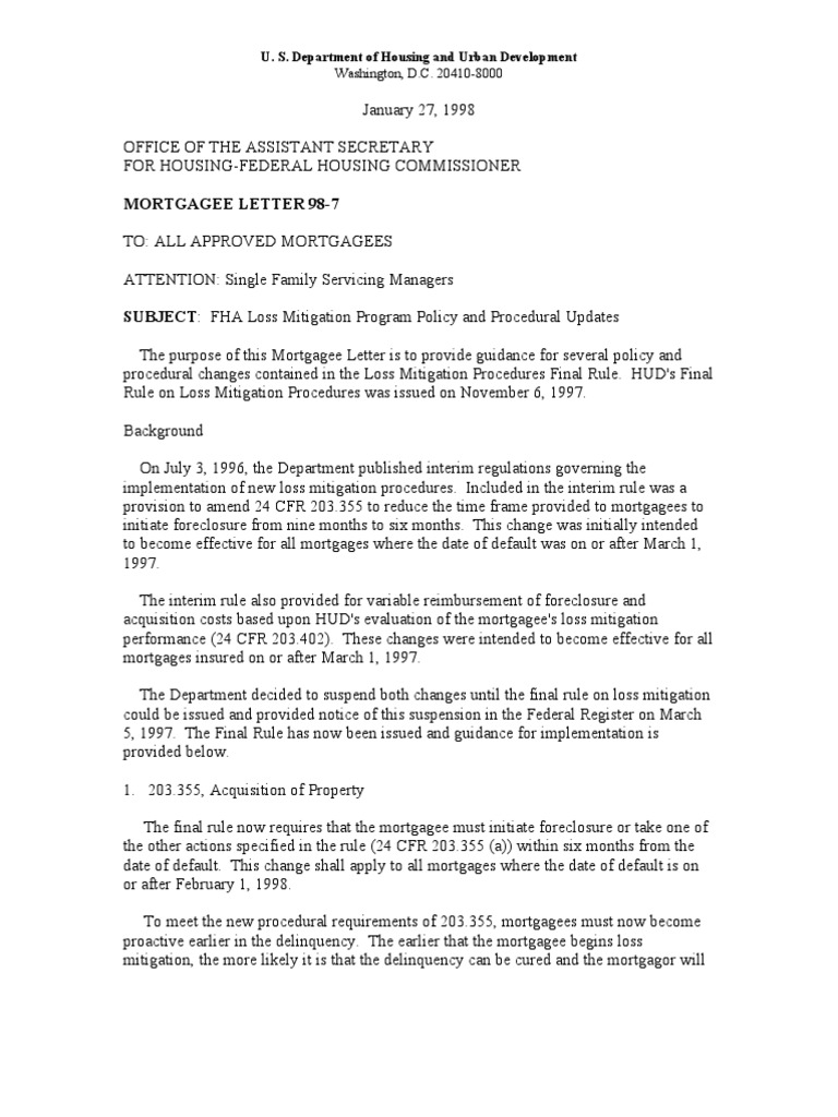 Mortgagee Letter 98-7 | PDF | Loss Mitigation | Foreclosure