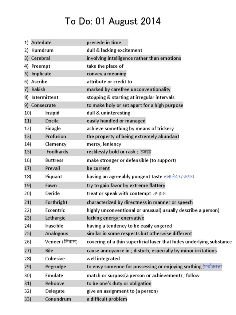 Vocabulary List with Definitions | PDF | Subjective Experience | Emotions