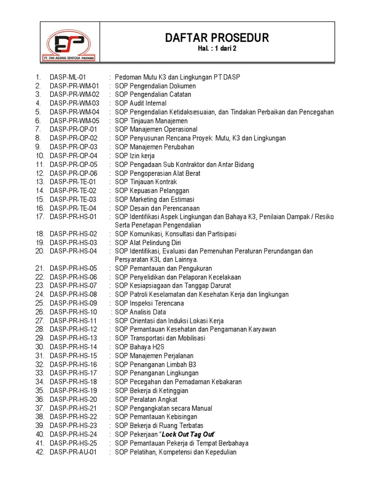 000 - Daftar Prosedur SM2K3L PT DASP | PDF | Bisnis | Teknologi & Rekayasa