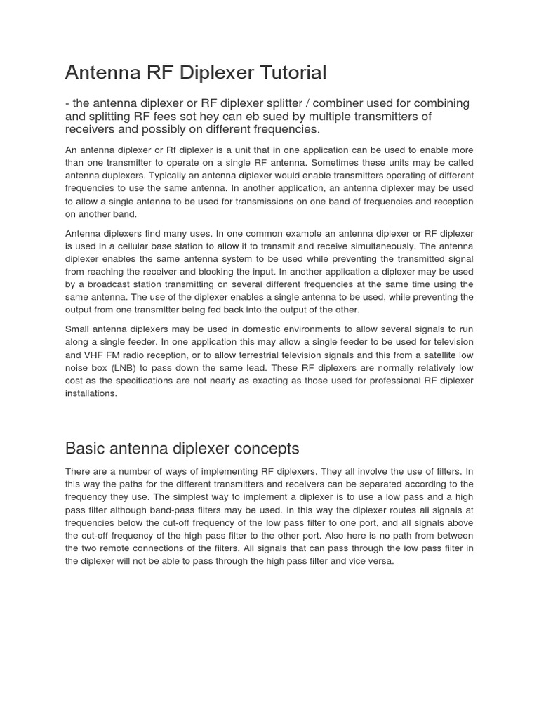 Antenna RF Diplexer Tutorial | PDF | Antenna (Radio) | Electronic Filter
