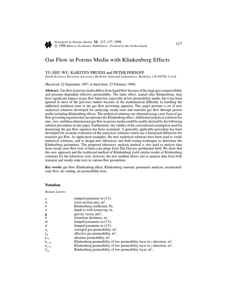 Wu Gas Flow in Porous Media With Klinkenberg Effects | PDF | Gases ...