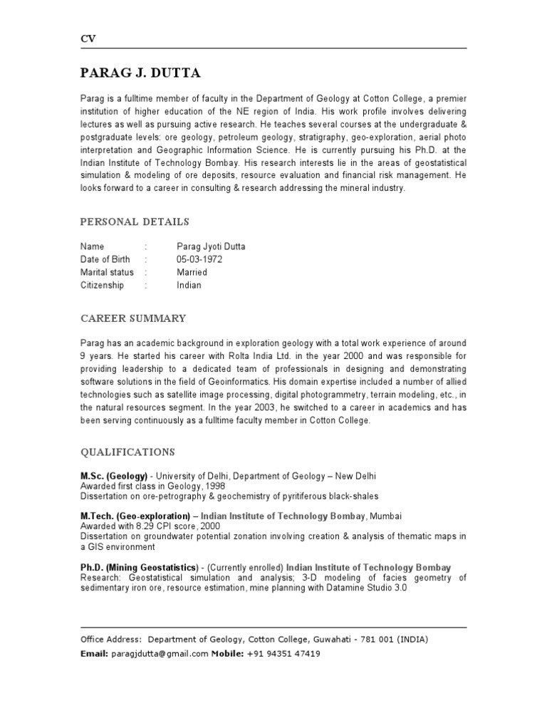 Geology Faculty CV: Parag J. Dutta | PDF | Science & Mathematics ...