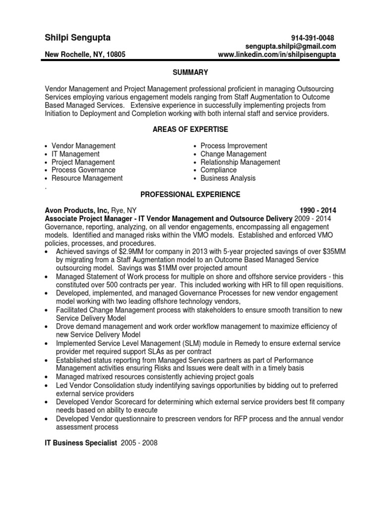 Manager IT Vendor Management in New York City Resume Shilpi Sengupta ...