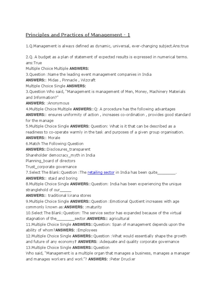 Principles and Practices of Management | PDF | Multiple Choice | Retail