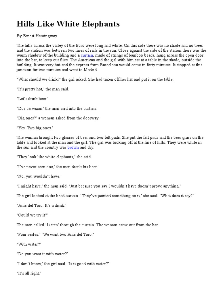 Hills Like White Elephants: A Dialogue | PDF | Art