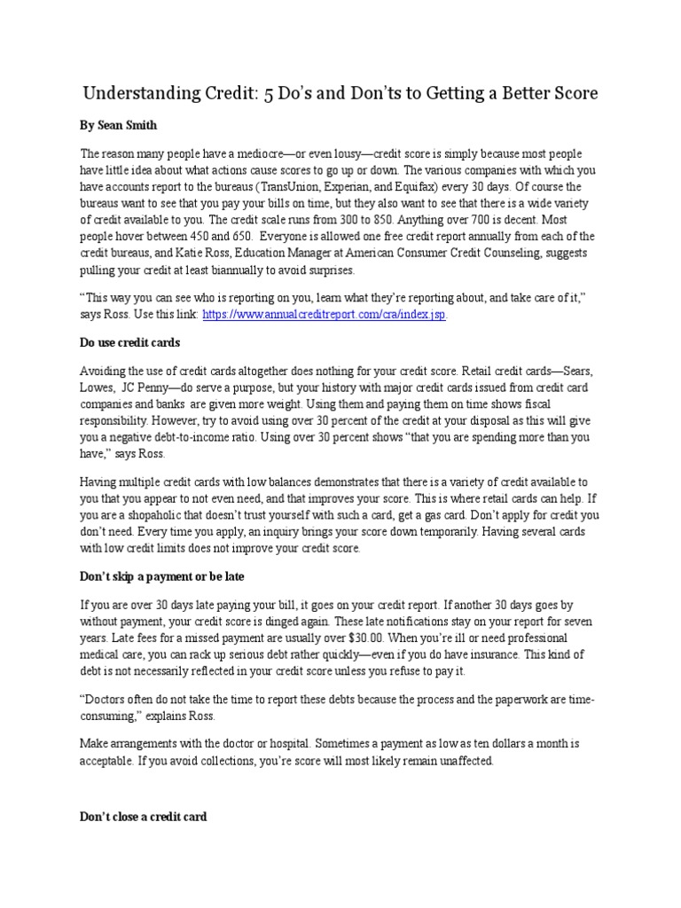 Understanding Credit: 5 Do's and Don'ts To Getting A Better Score | PDF ...