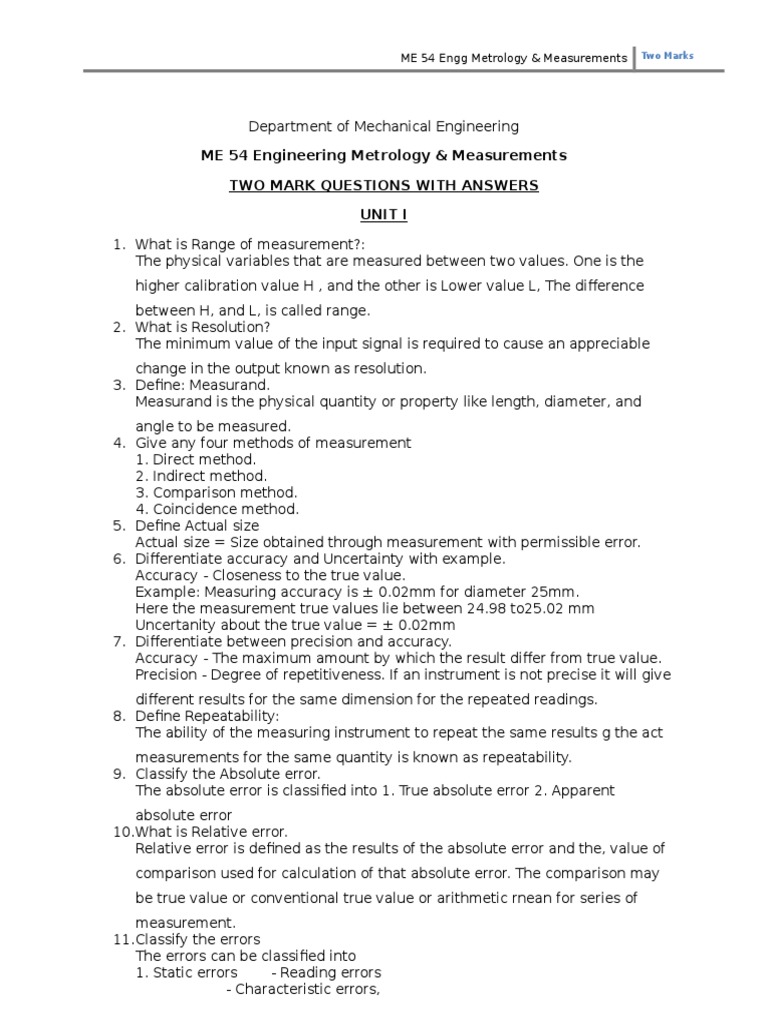Metrology 2 MArks | PDF | Accuracy And Precision | Measurement