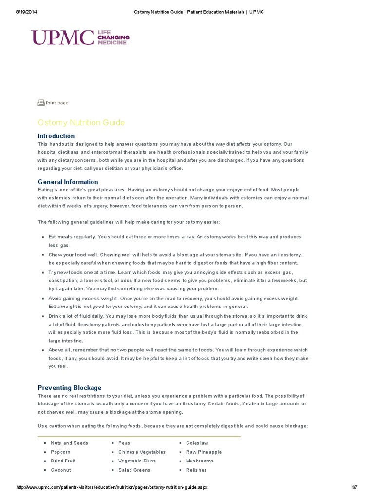 Ostomy Nutrition Guide - Patient Education Materials - UPMC PDF | PDF ...
