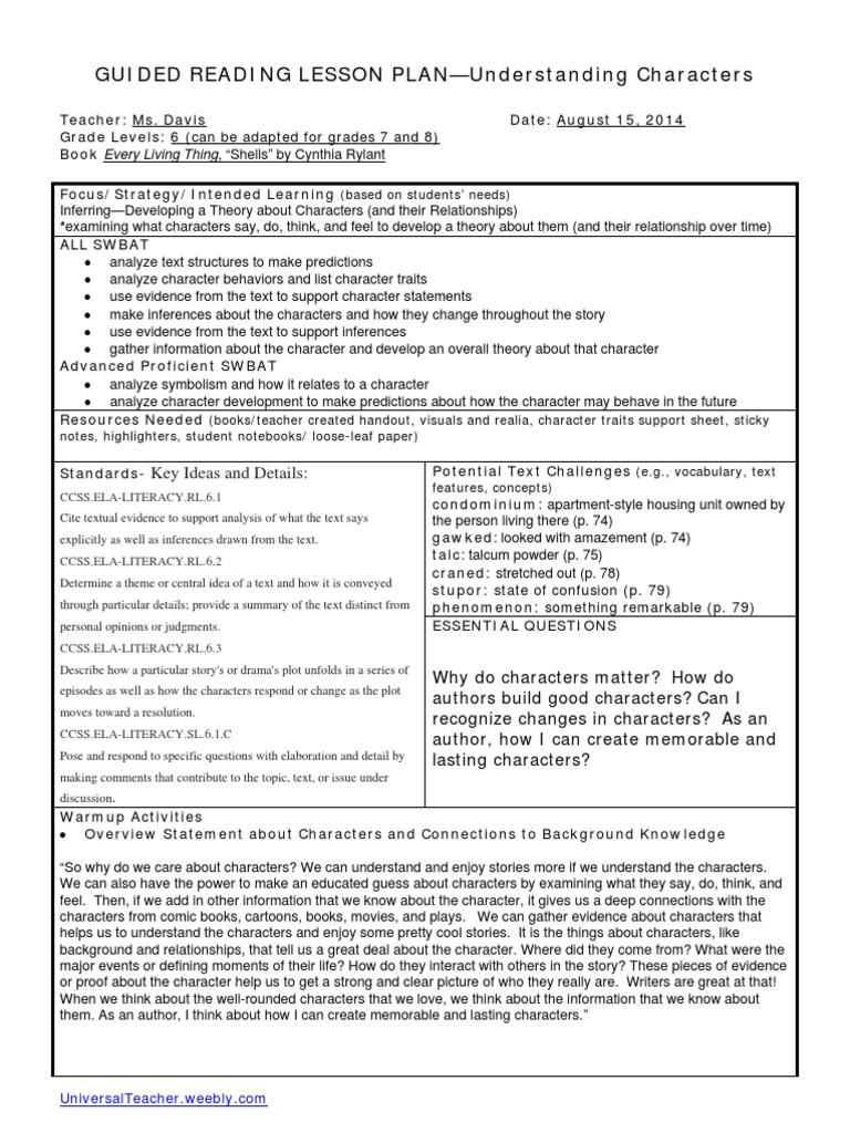 Guided Reading Plan: Understanding Characters | PDF | Vocabulary ...
