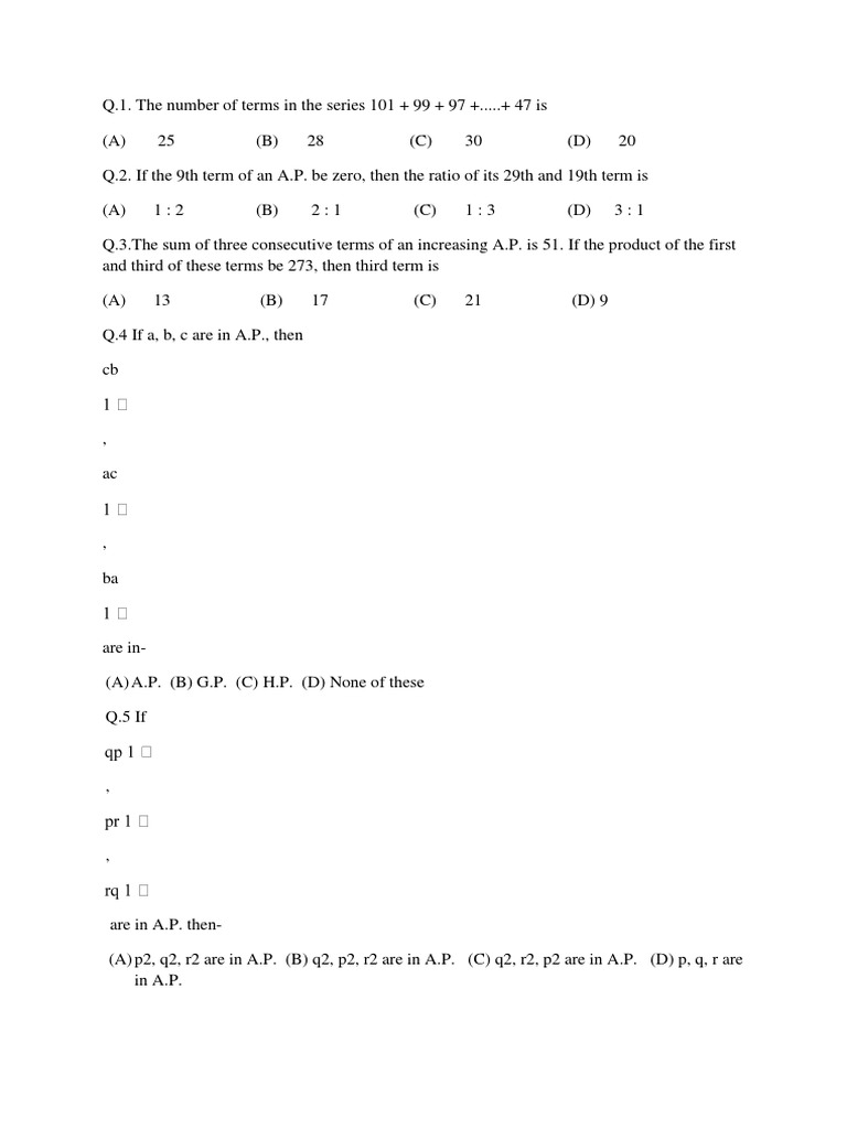 Arithmetic and Geometric Progressions: 20 Practice Questions with Answers | PDF | Summation ...
