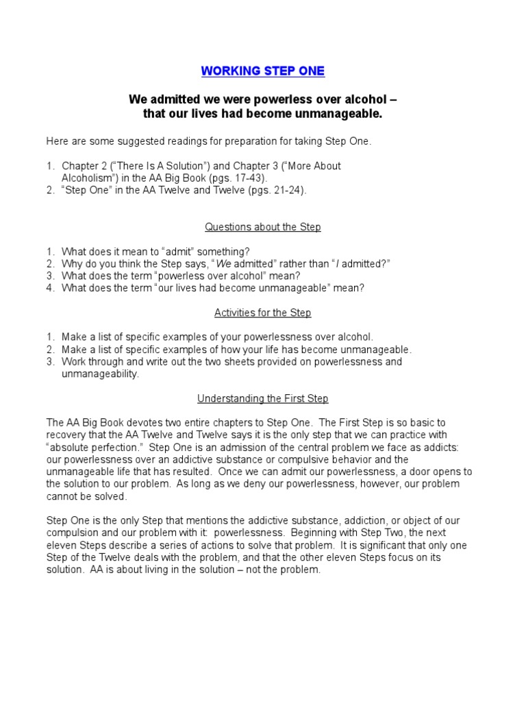 AA Working Step One Worksheet | PDF | Wellness | Medical