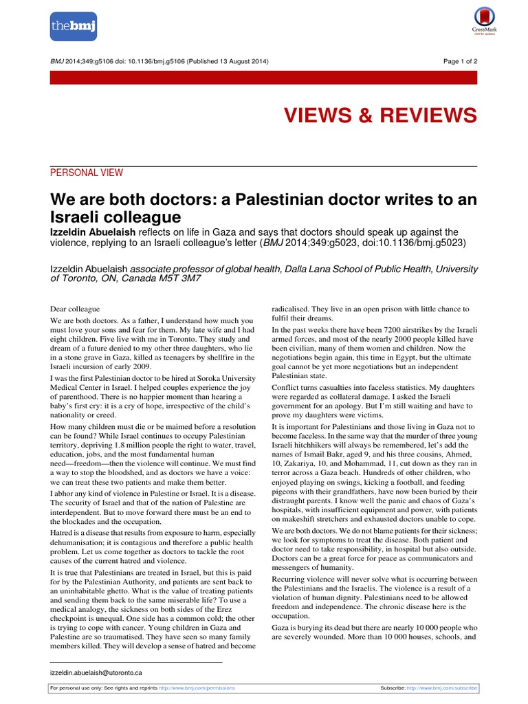 A Palestinian Doctor Writes To An Israeli Colleague | PDF | Palestinian ...