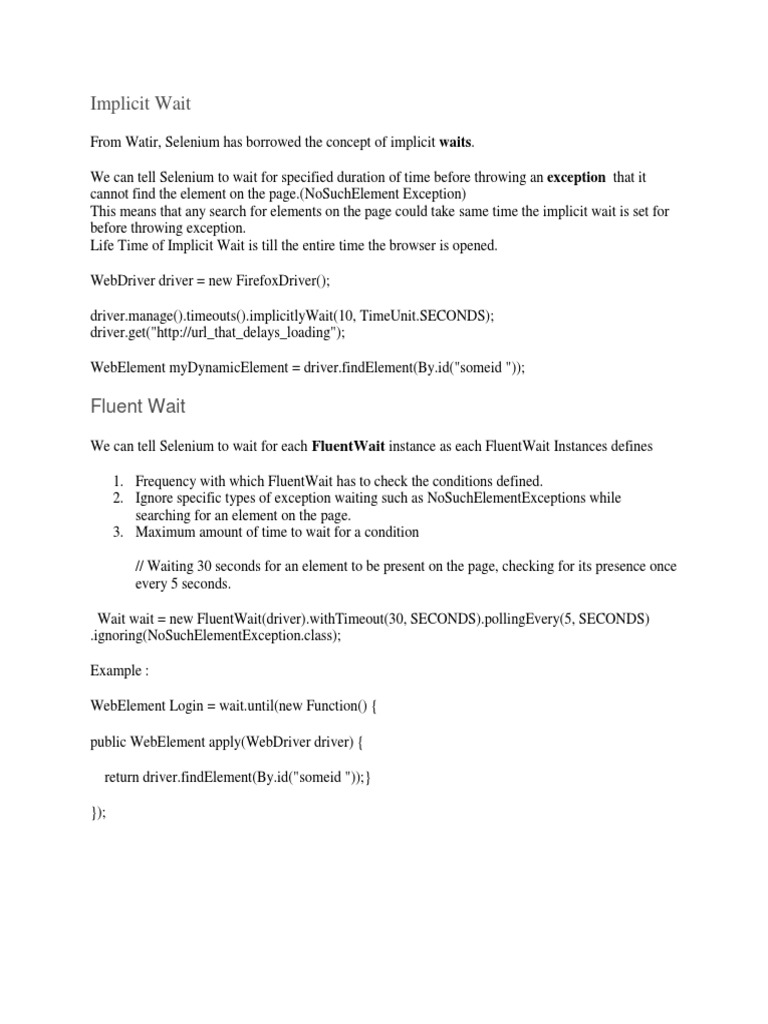 Difference Between Implicit Wait Explicit Wait And Fluent Wait Pdf Software Engineering