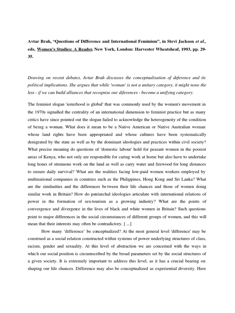 Avtar Brah - Questions of Difference and International Feminism ...