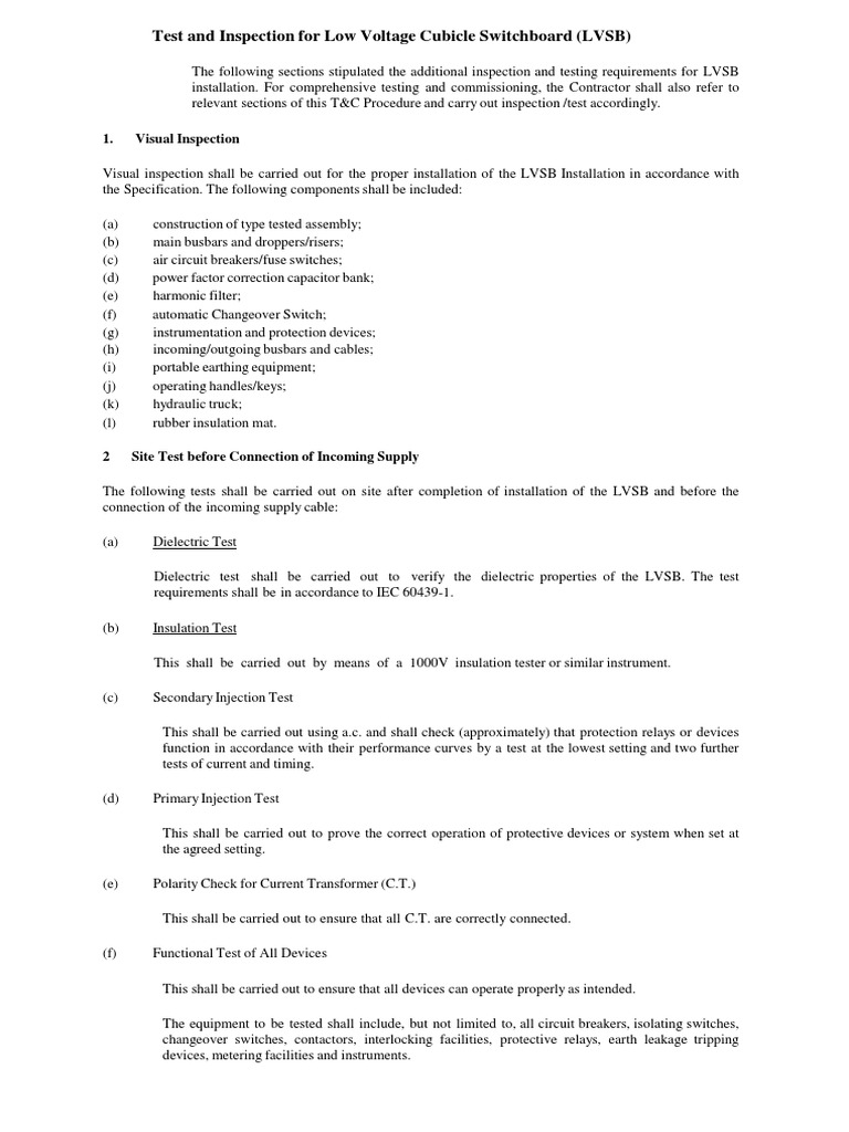 Test and Inspection For Low Voltage Cubicle Switchboard | PDF | Switch ...
