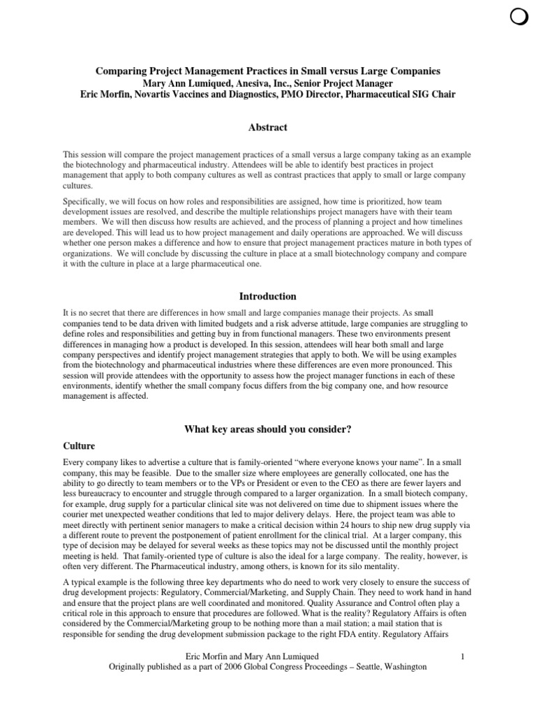 Comparing Project Management Practices in Small Versus Large Companies ...