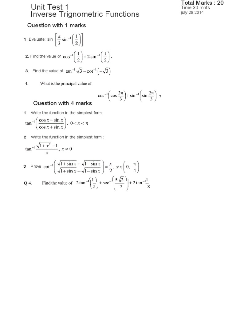 Inverse Trigonometric Functions Test | PDF