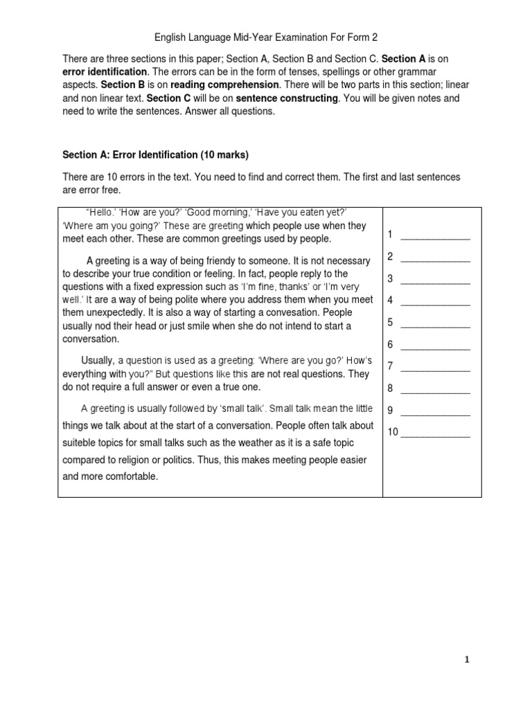 English Language Mid Year Exam Form 2 | PDF | Communication | Cognitive ...