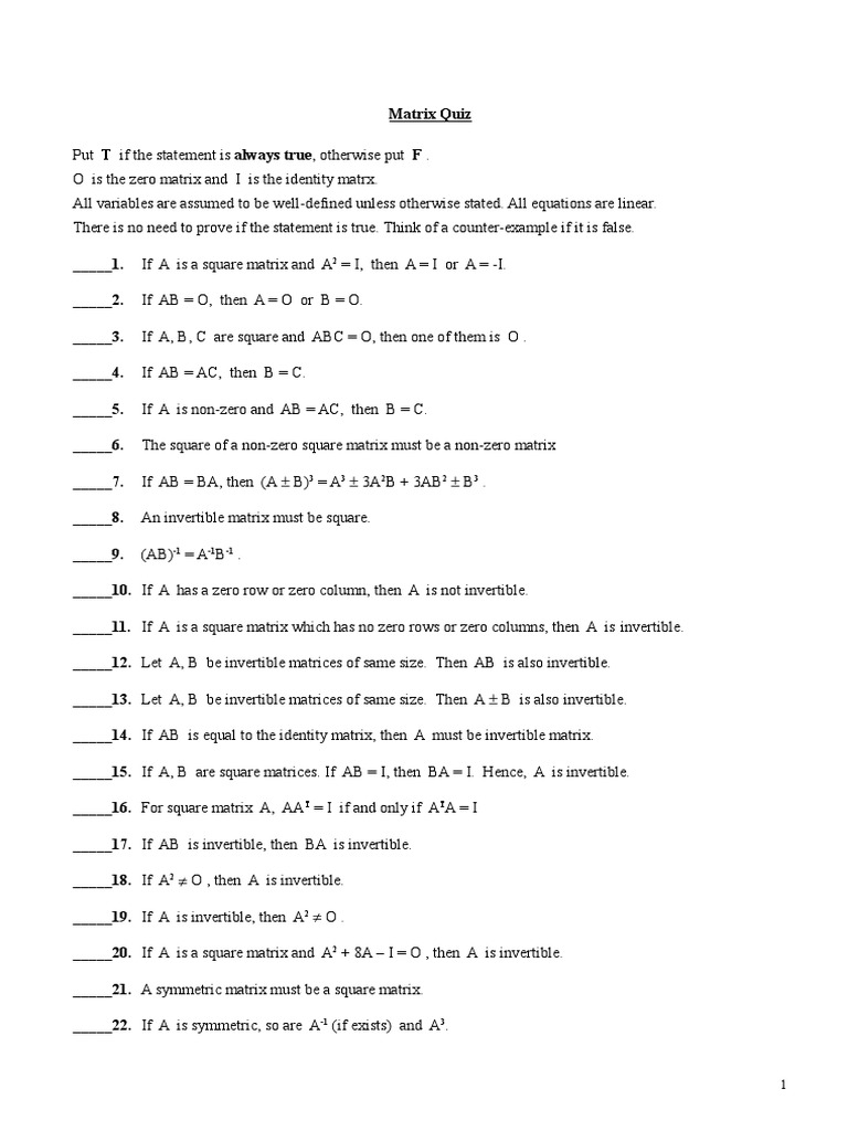 38 - Matrix True False | PDF | Matrix (Mathematics) | Determinant