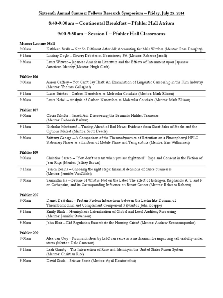 Summer Fellows Symposium Schedule 2014 072314 | PDF | Nature