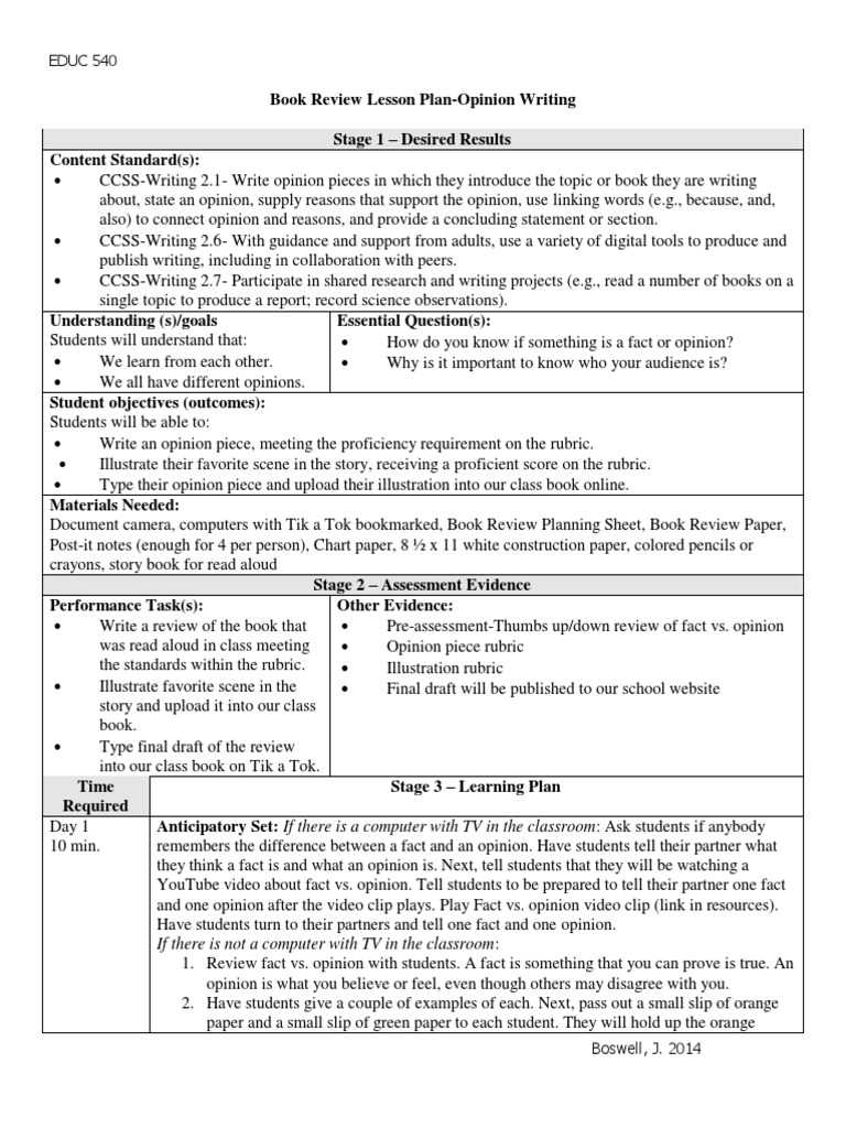 Opinion Writing Lesson Plan for Students | PDF | Books | Lesson Plan