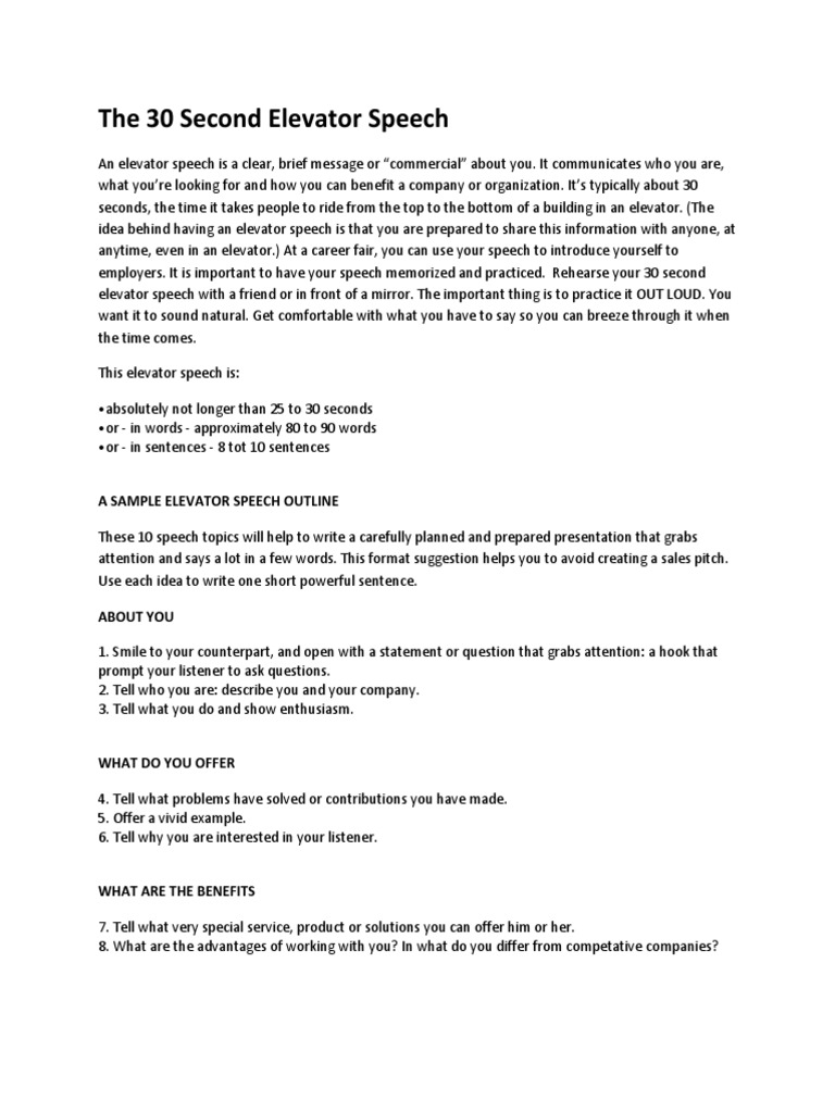 The 30 Second Elevator Speech | PDF | Question | Cognitive Science