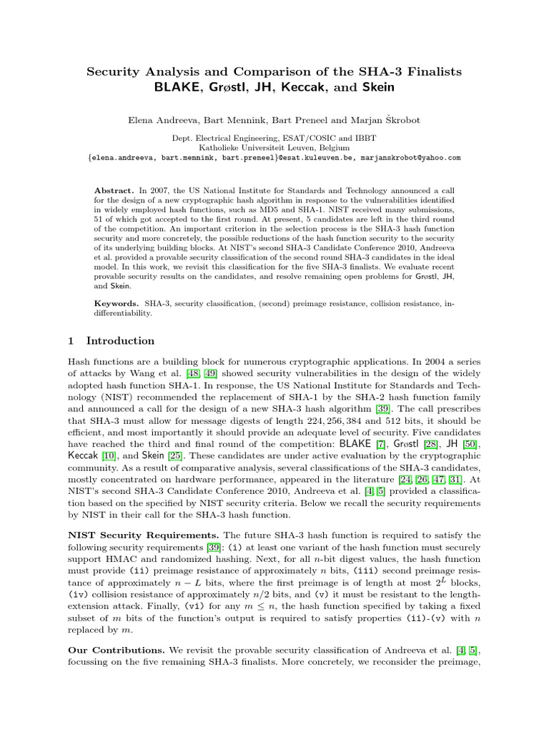 Security Analysis and Comparison of The SHA-3 Finalists BLAKE, Grøstl, JH, Keccak, and Skein ...