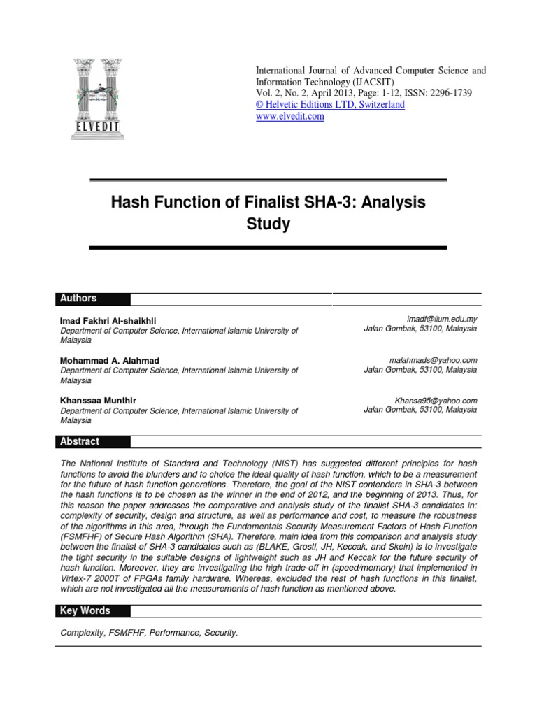 Hash Function of Finalist SHA 3 Analysis Study | PDF | Error Detection ...