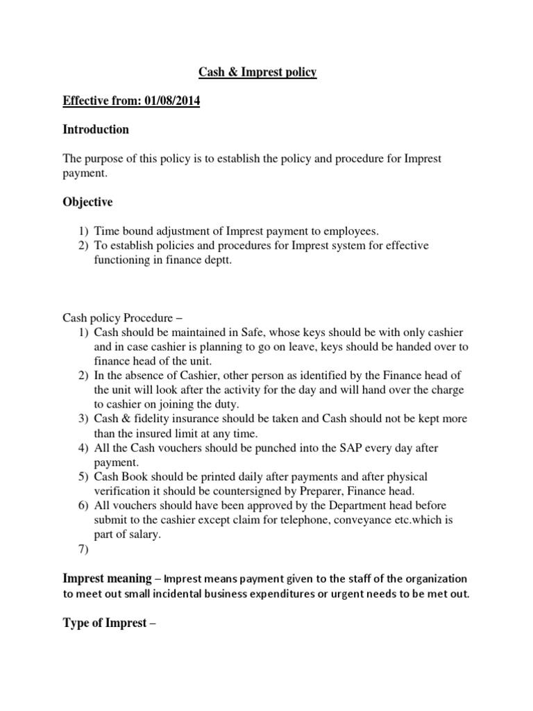 Cash and Imprest Policy | PDF | Cheque | Payments