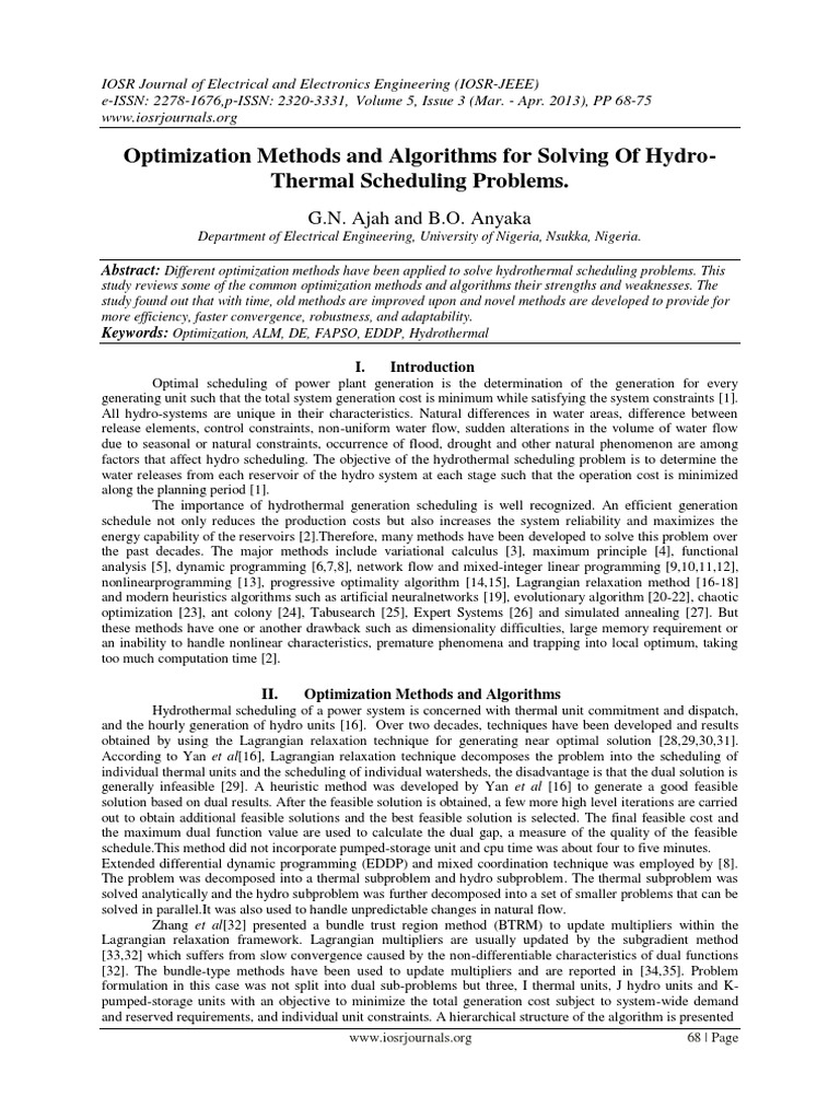 Optimization Methods and Algorithms For Solving of HydroThermal Scheduling Problems. | PDF ...