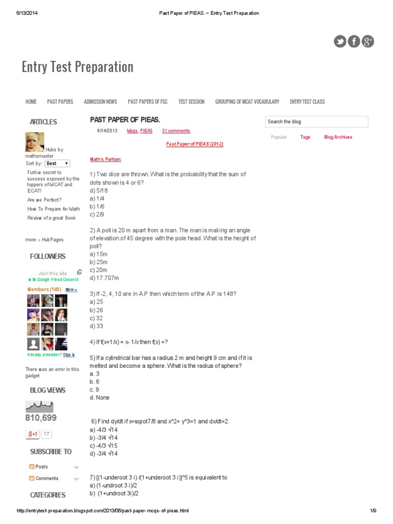 Entry Test Preparation: Past Paper of Pieas | PDF | Mass | Electron