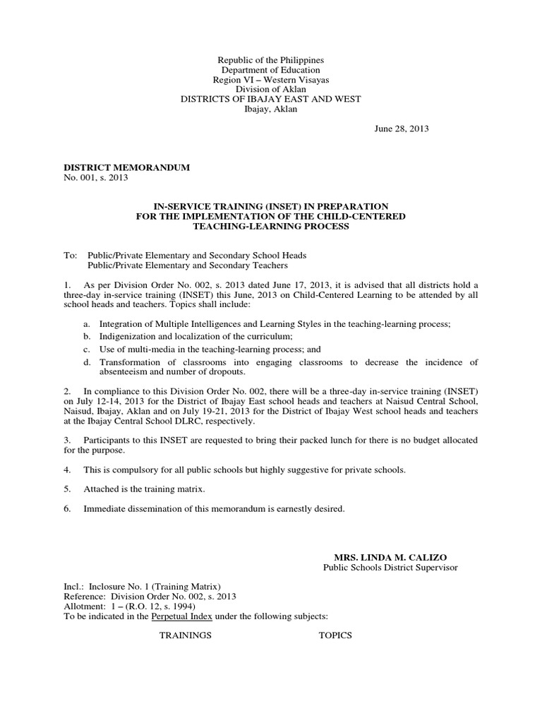 District Memo No. 001, S. 2013 | PDF | Social Science