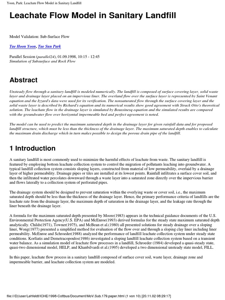 Leachate Flow Model in Sanitary Landfill: Tae Hoon Yoon Tae Sun Park ...
