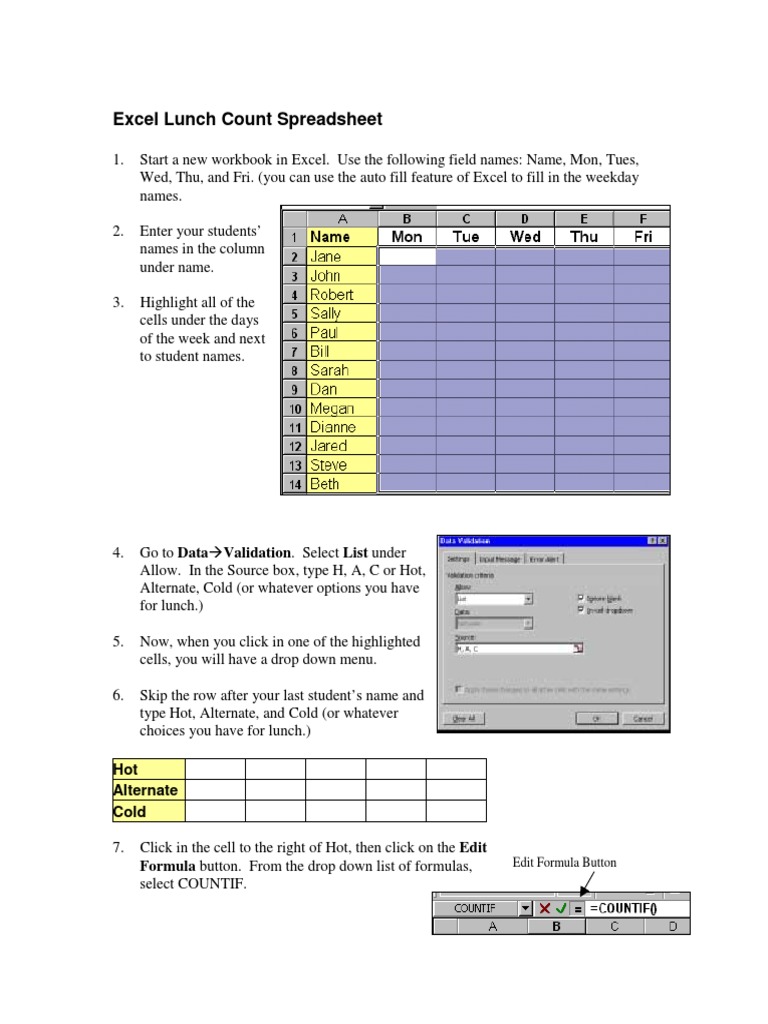 Excel Lunch Count Spreadsheet: Validation. Select List Under | PDF ...