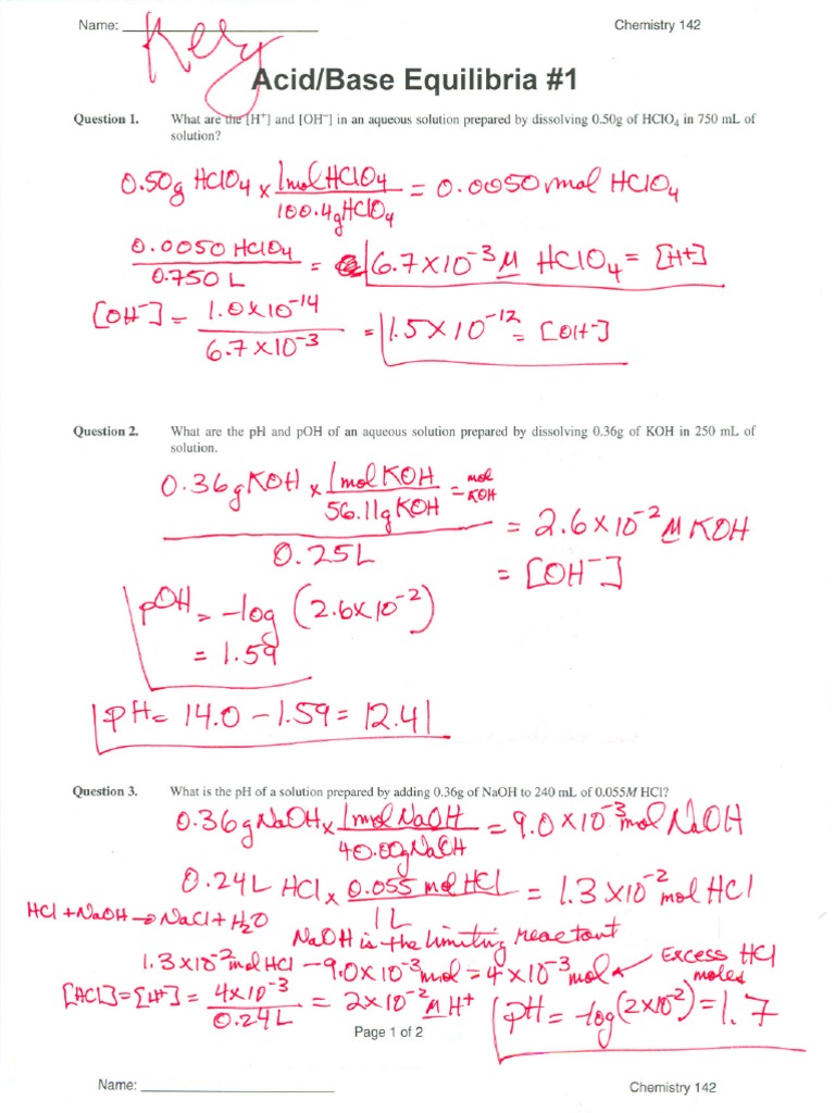 Acid Base Equilibria 1 To 3 KEYS | PDF | Ph | Analytical Chemistry