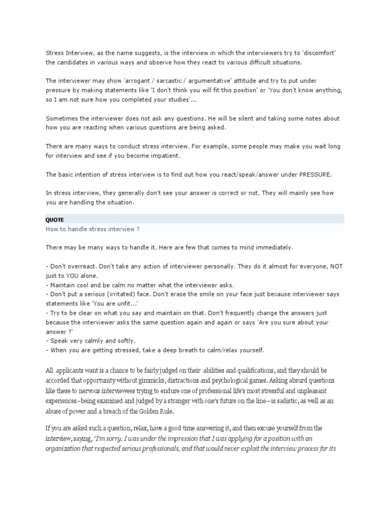 How To Handle Stress Interview ?: Quote | PDF | Interview | Etiquette