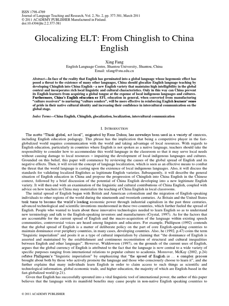 Glocalizing ELT: From Chinglish To China English: Xing Fang | PDF ...