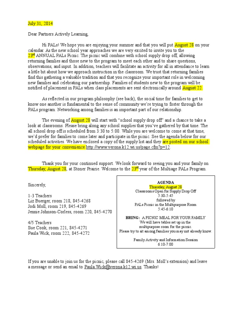 Summer Picnic Letter 2014 Returning Families | PDF | Teaching And ...