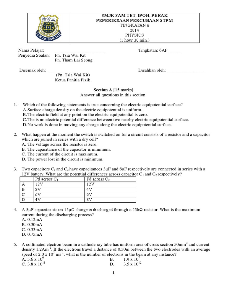 Physics 2 STPM Trial 2014 | PDF | Electric Current | Capacitor
