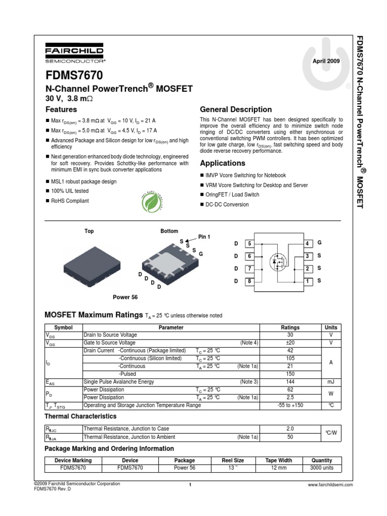 Fdms7670: N-Channel Powertrench Mosfet | PDF | Field Effect Transistor ...