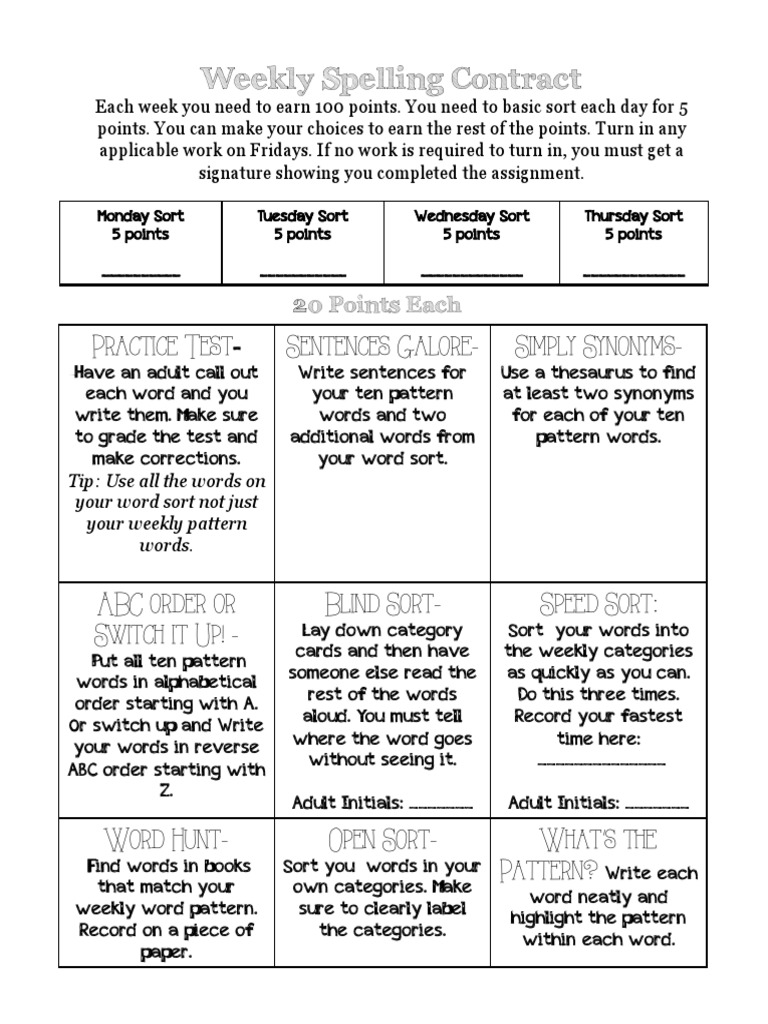 Weekly Spelling Contract | PDF