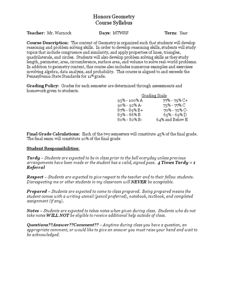 Honors Geometry Syllabus | PDF | Geometry | Learning