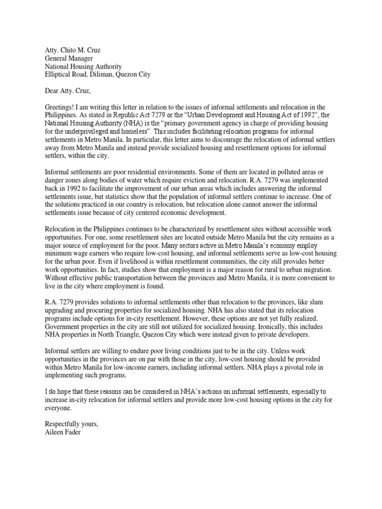 Formal Letter To NHA | PDF | Affordable Housing | Metro Manila